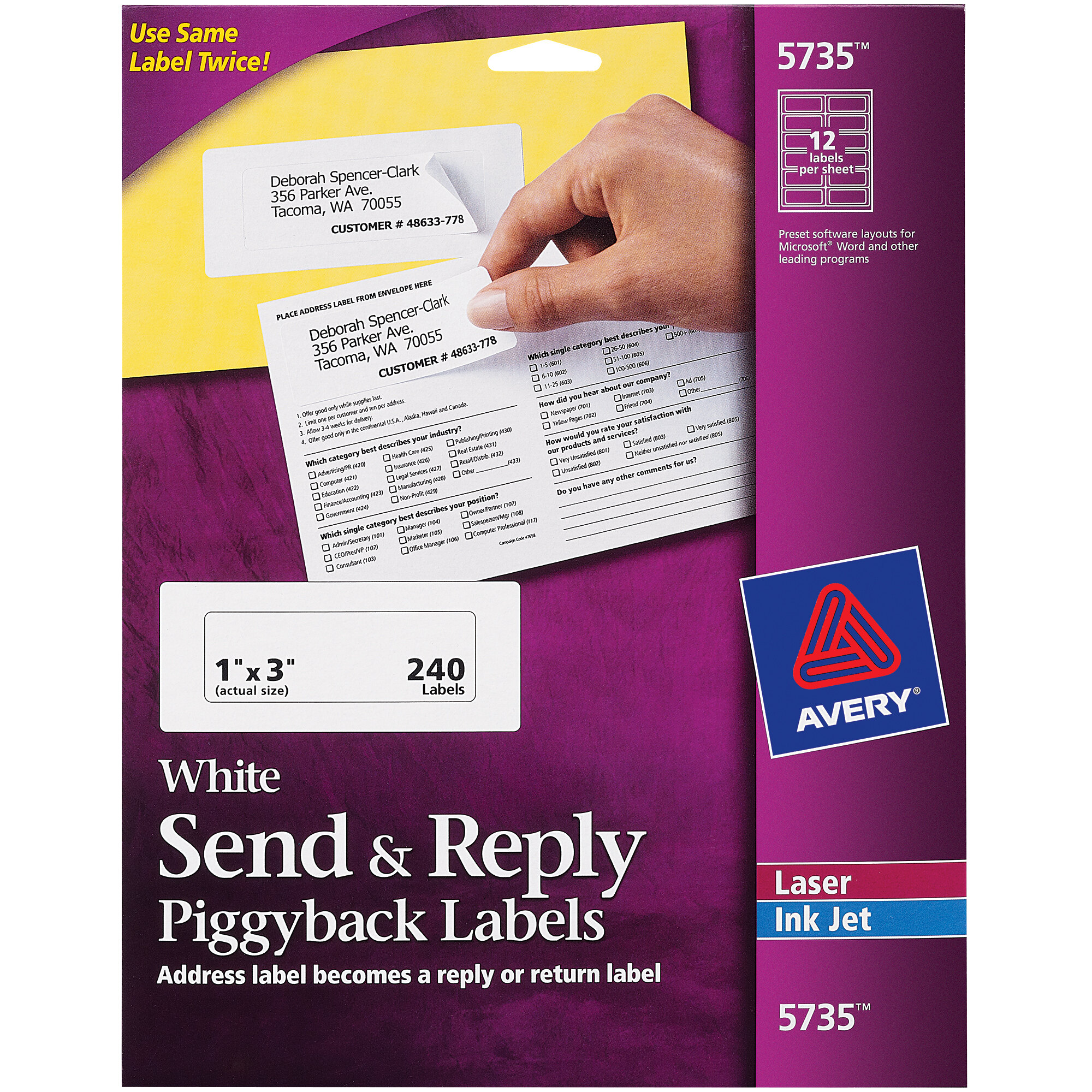 Avery 5735 White Send & Reply Piggyback Labels - 240/Pack