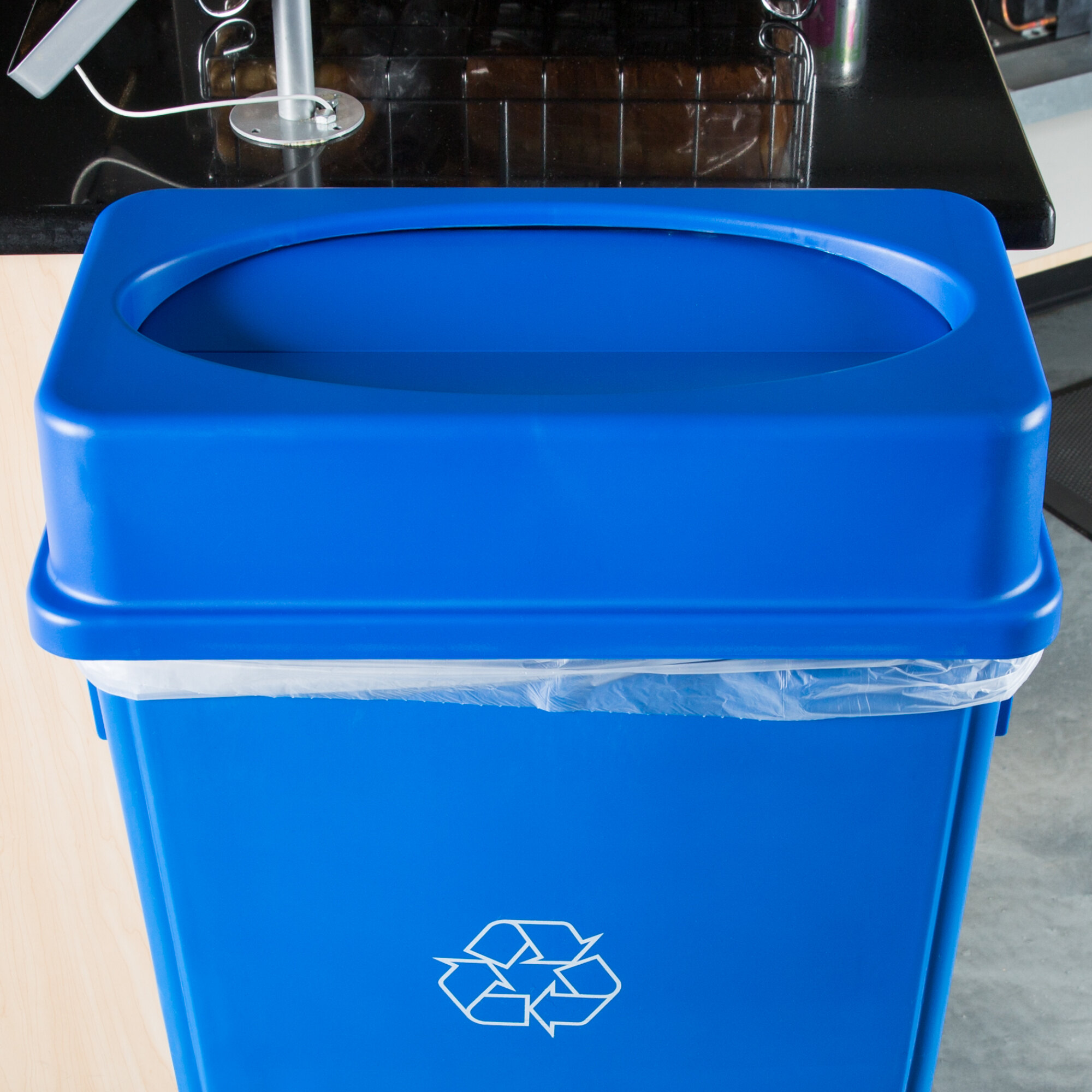 Lavex Janitorial Blue Slim Rectangular Trash Can Drop Shot Lid