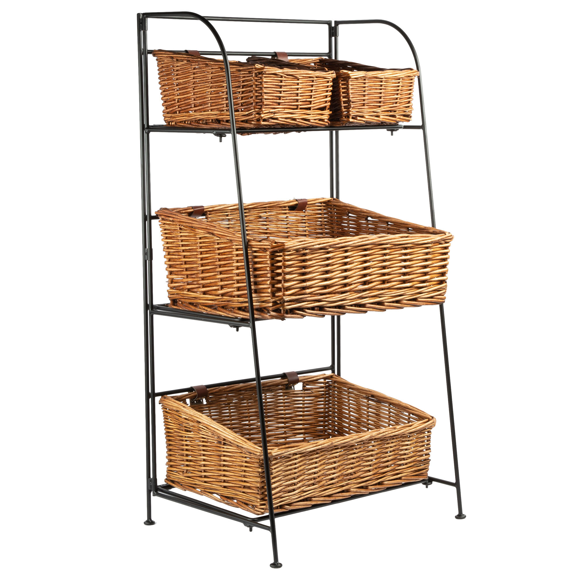 Natural Rectangular 3 Tier Merchandising Rack with 4 Baskets - 18" x 35"