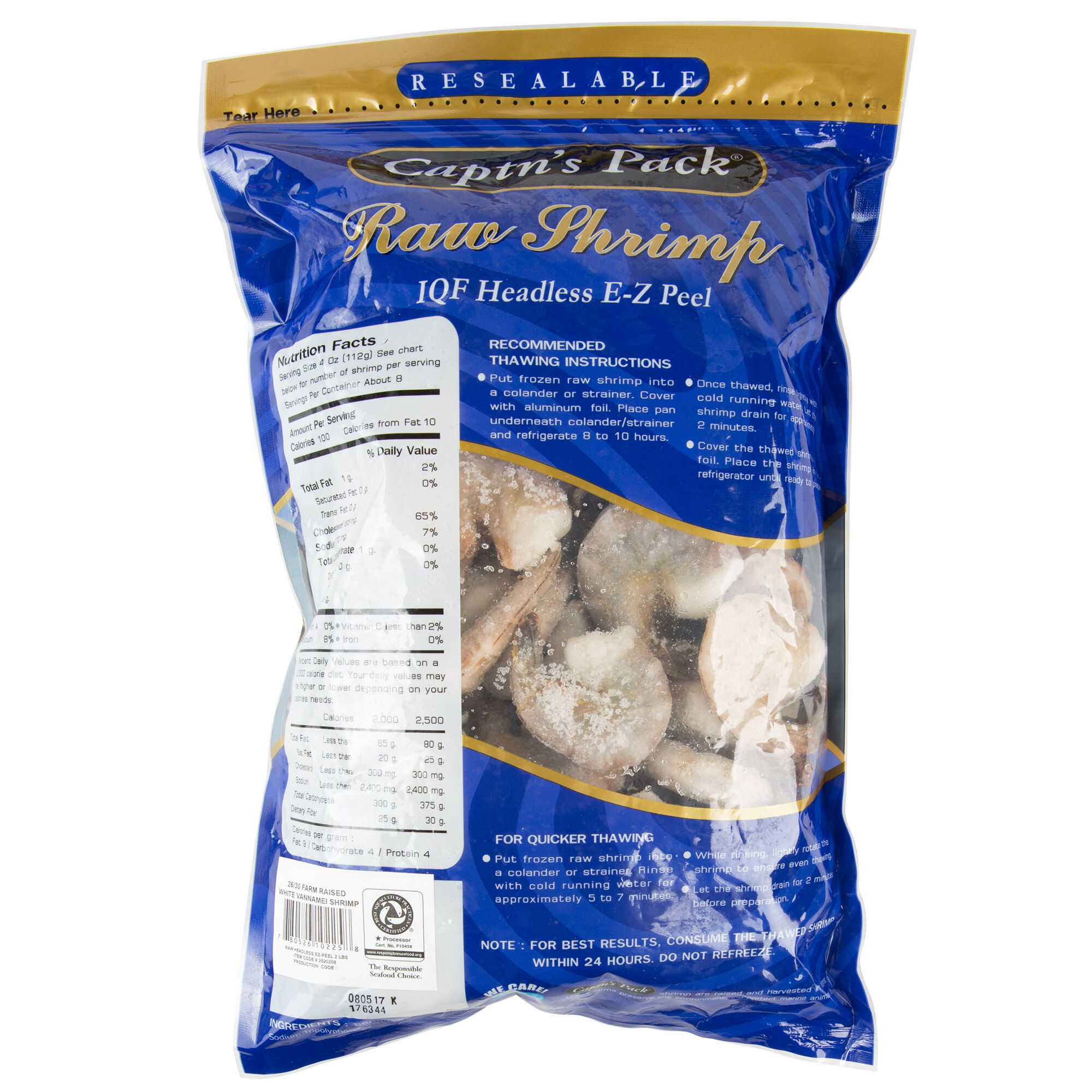 2 Lb Bag 26 30 Count Iqf Headless Ez Peel Shell On Raw Shrimp