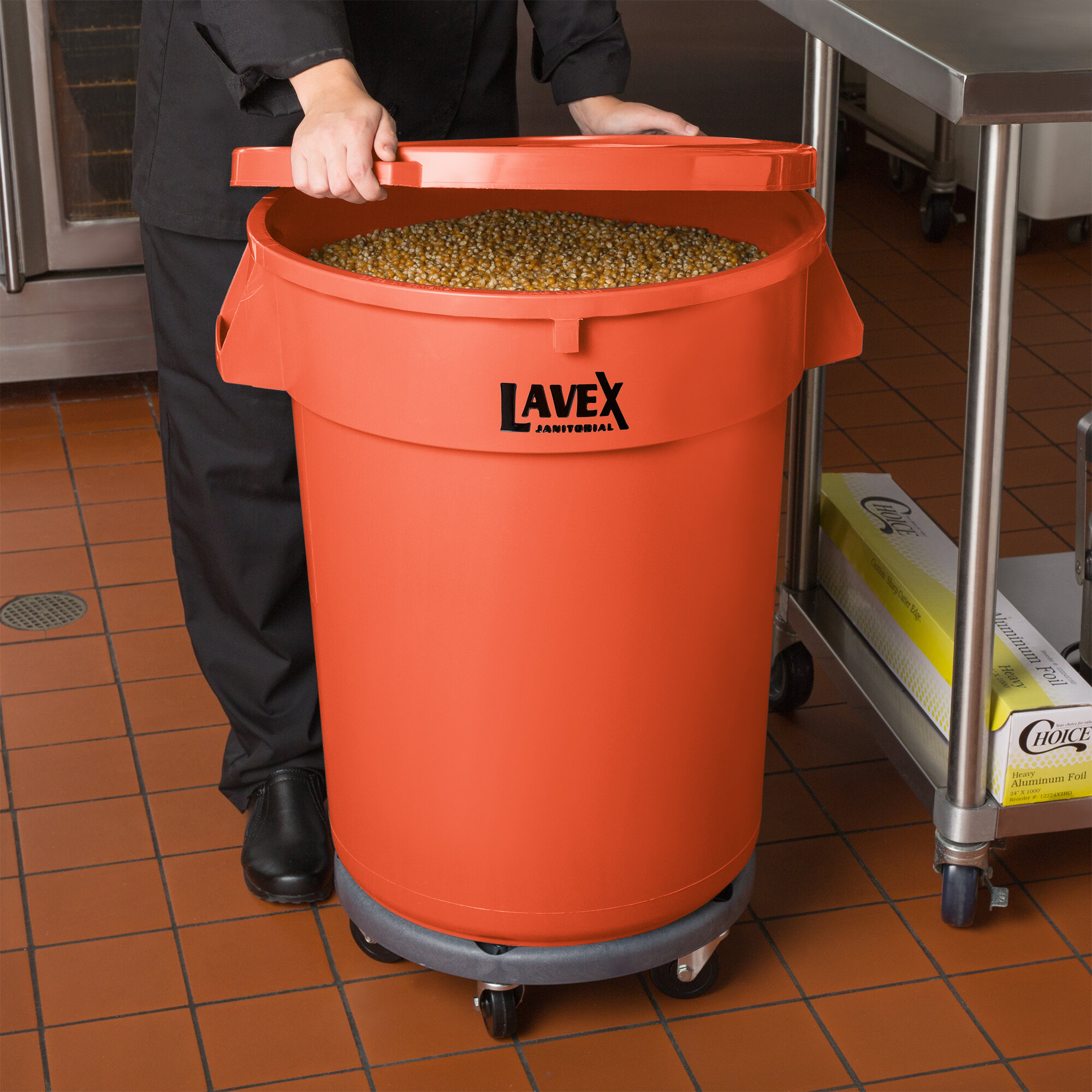 Lavex Janitorial 32 Gallon Orange Round Commercial Trash Can with Lid ...