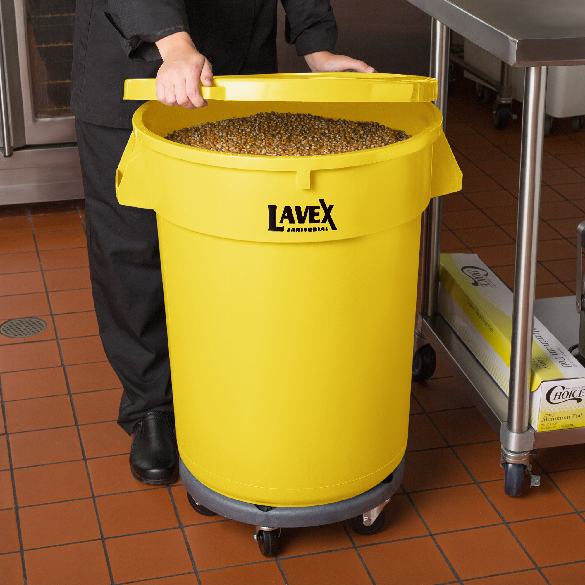Lavex Janitorial 32 Gallon Yellow Round Commercial Trash Can with Lid ...
