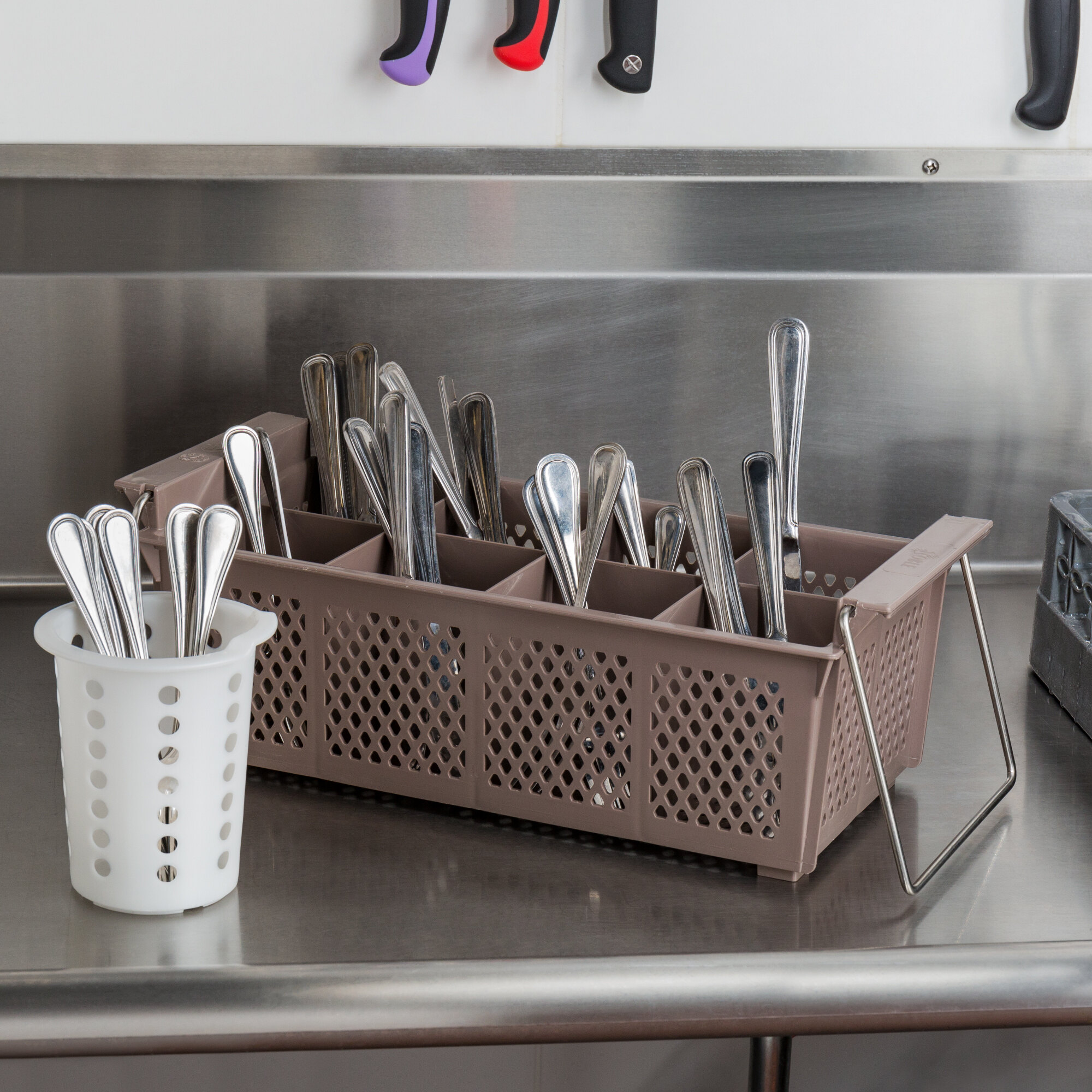 Noble Products 8 Compartment Half Size Brown Flatware Rack with Handles