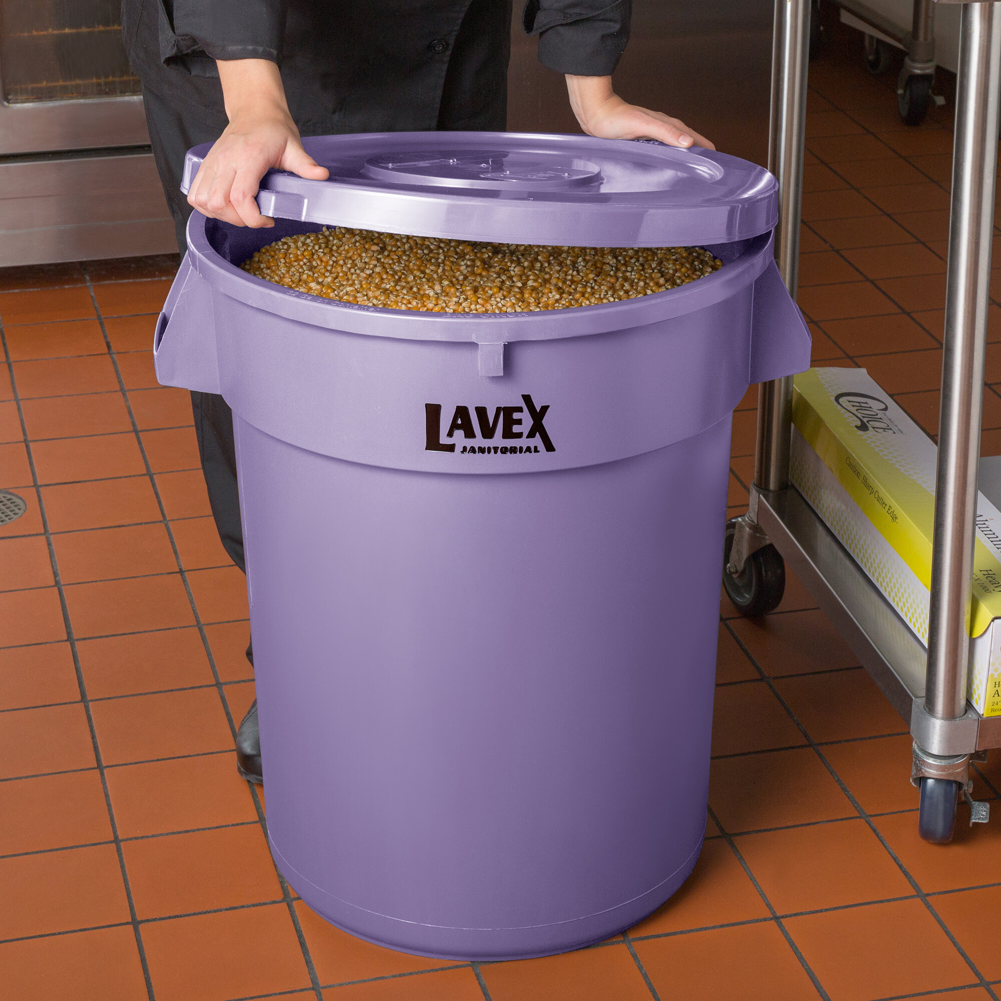 Lavex Janitorial 32 Gallon Purple Round Commercial Trash Can and Lid
