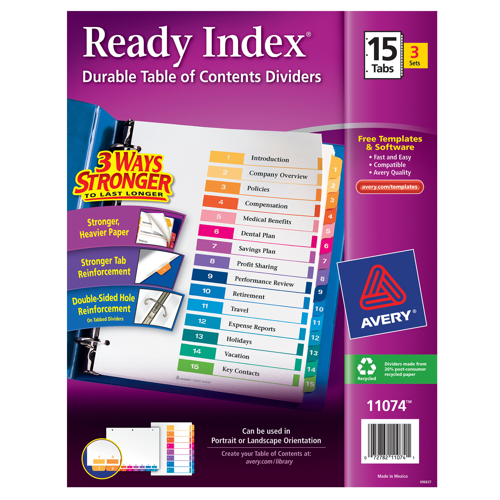 Avery 11074 Ready Index 15-Tab Multi-Color Paper Printable Customizable ...