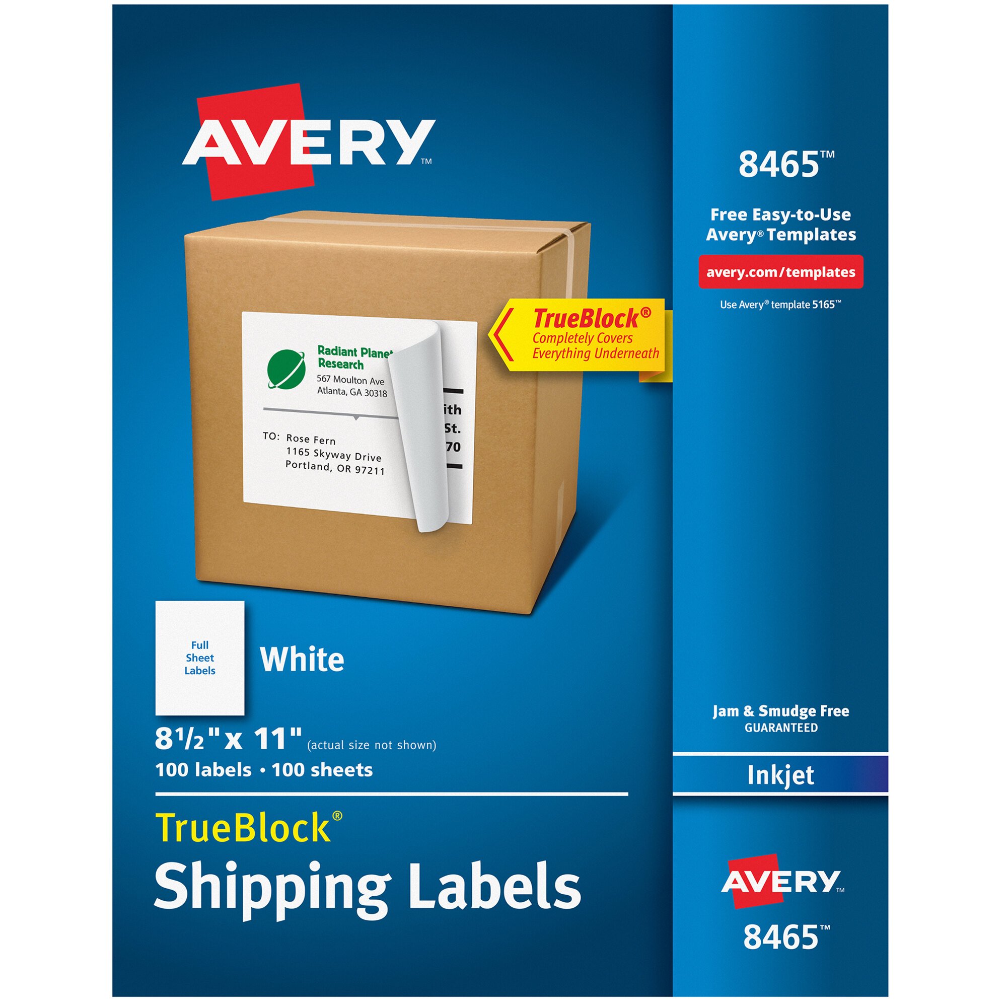 Avery 08465 TrueBlock 8 1/2" x 11" White Full Sheet Shipping Labels ...