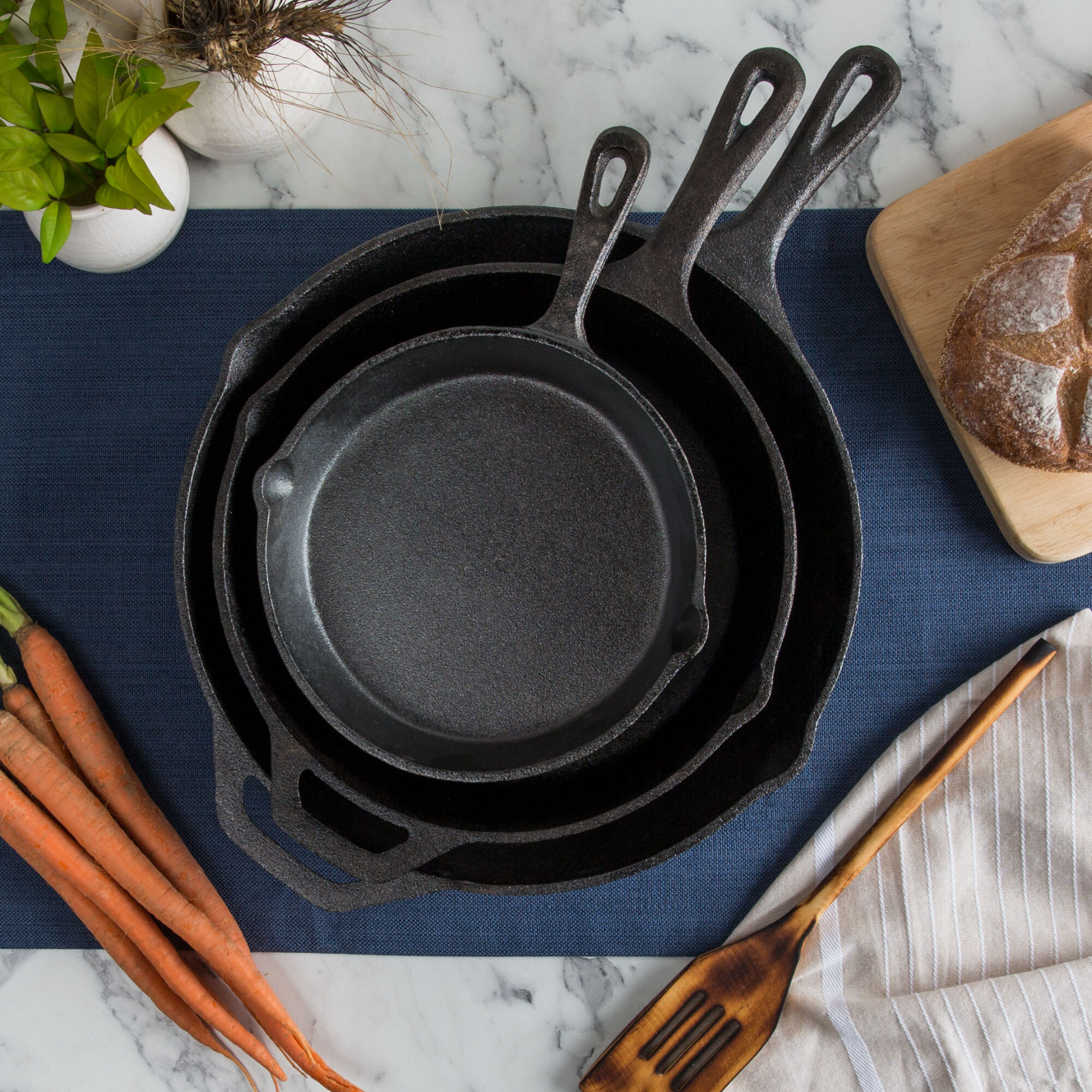 Valor 3-Piece Pre-Seasoned Cast Iron Skillet Set - Includes 8", 10 1/4 ...