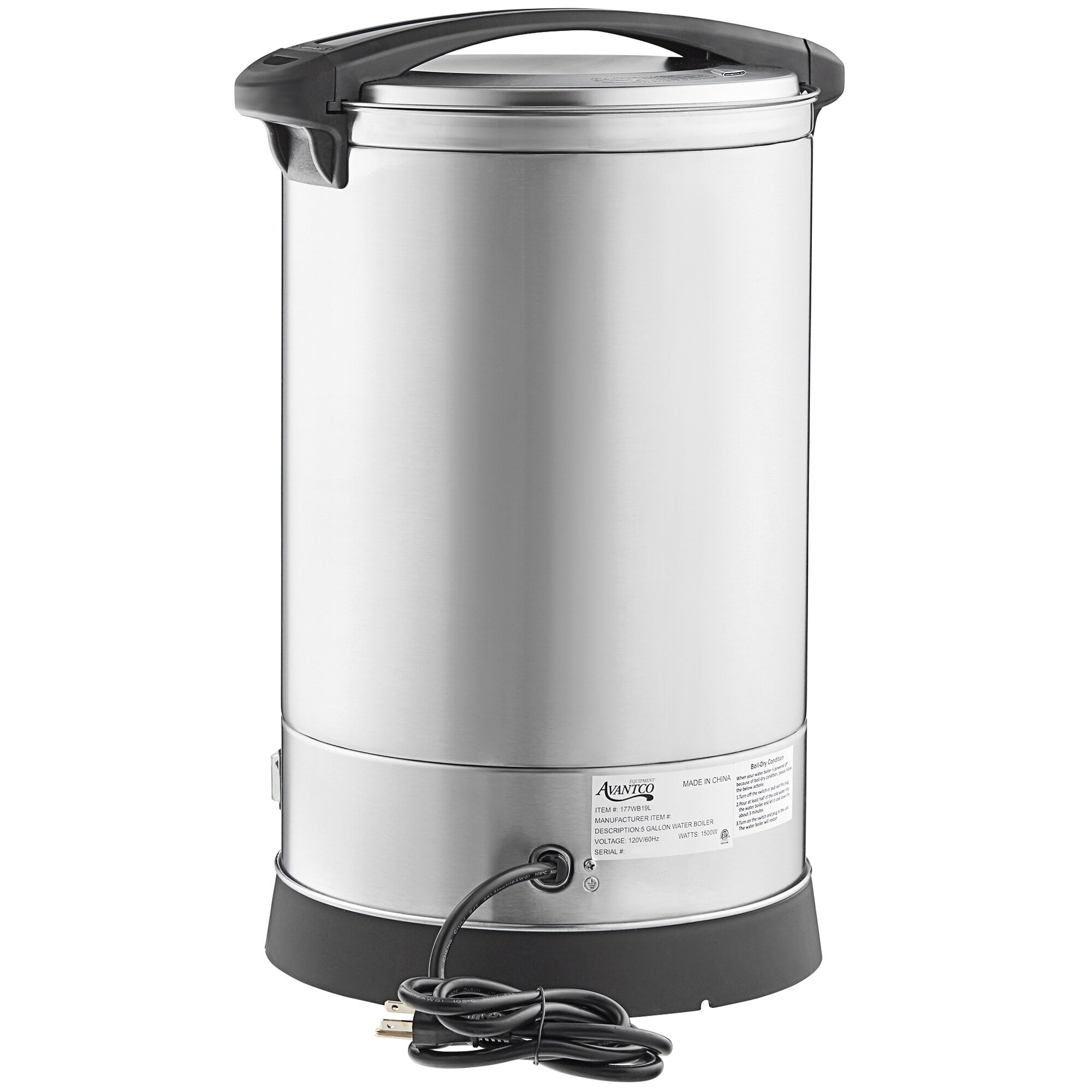 Avantco WB19L 5 Gallon 128 Cup (19 Liter) Water Boiler - 120V, 1500W