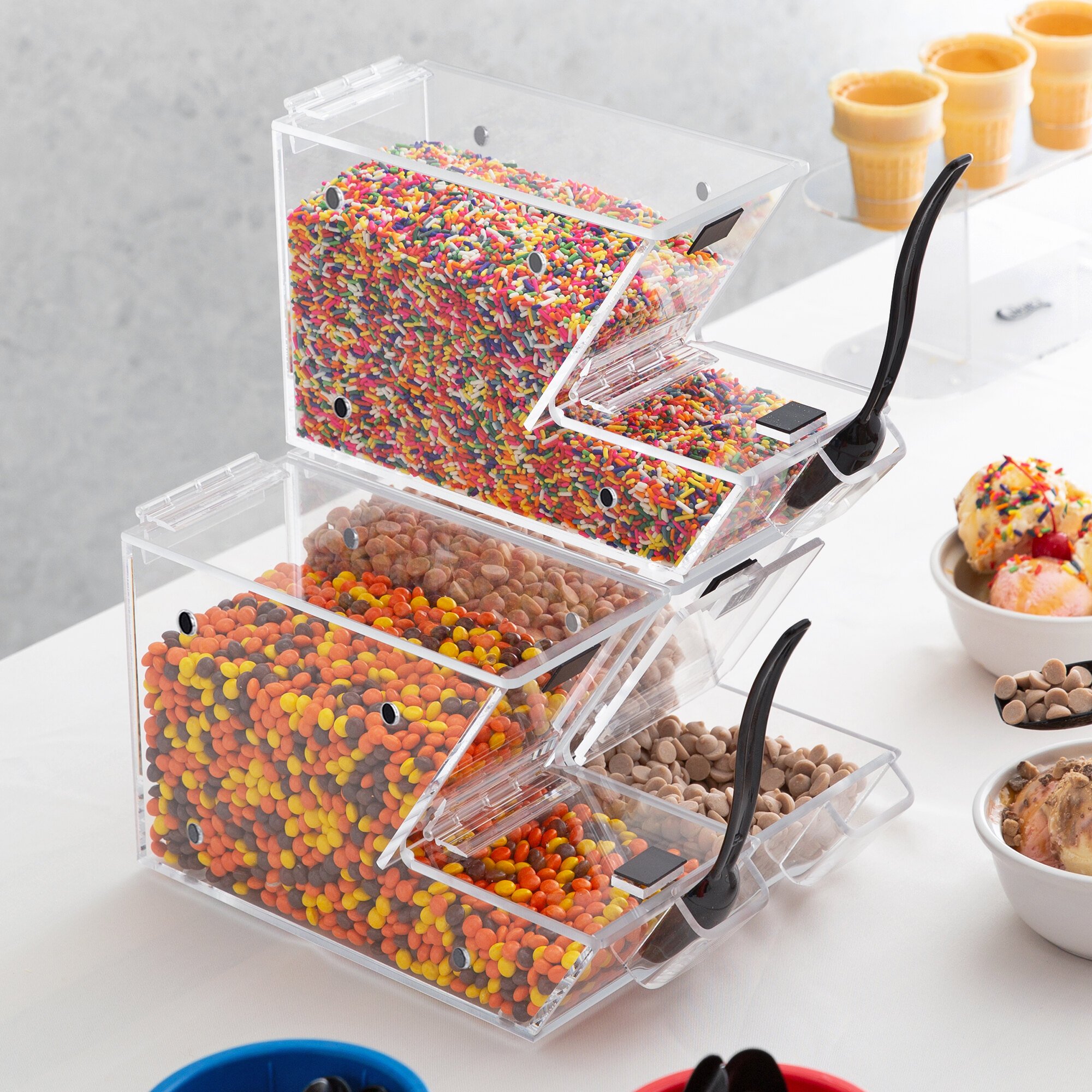 Choice 11" x 4" x 7" Stackable Candy / Topping Dispensers with Scoop ...
