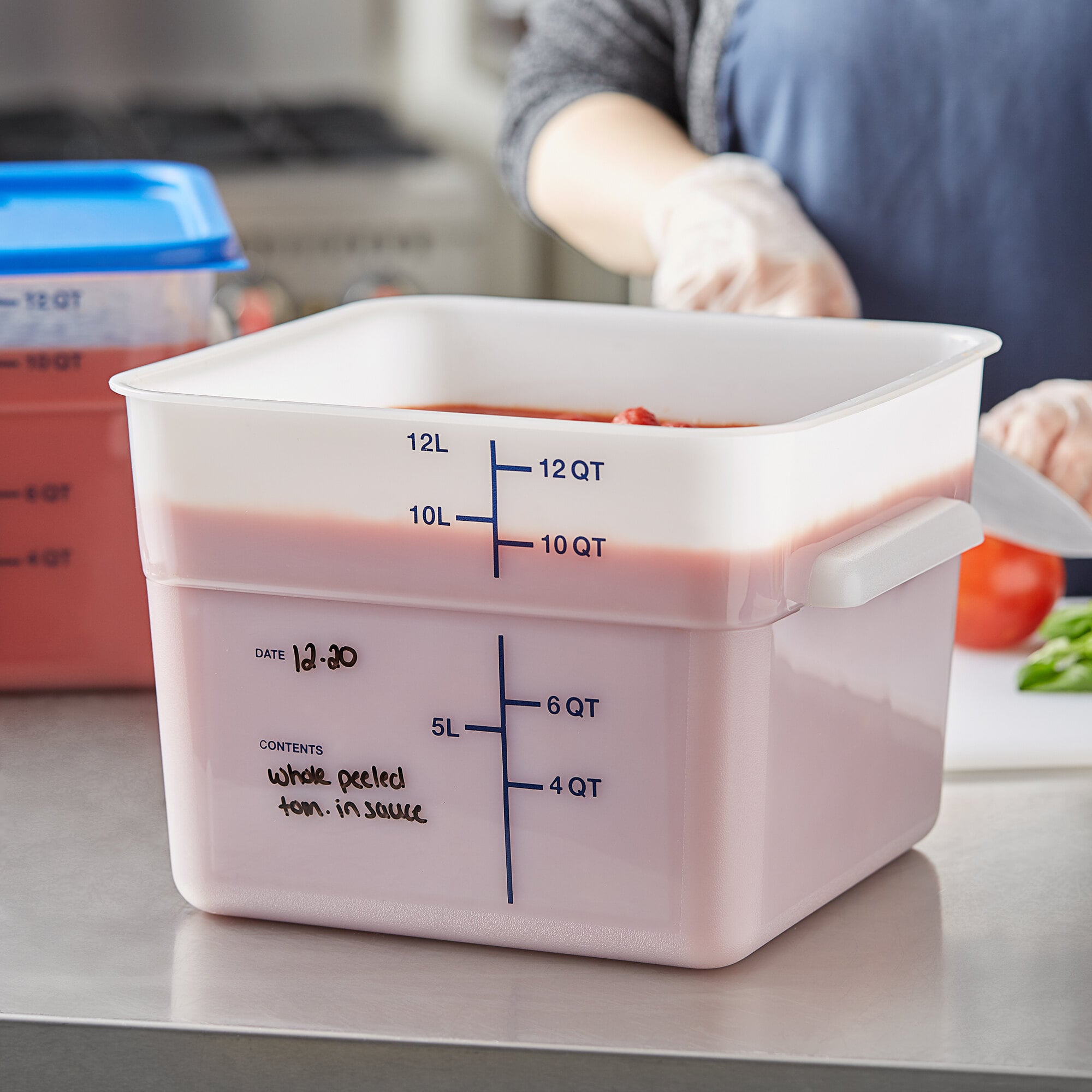 Vigor 12 Qt. White Square Polyethylene Food Storage Container with Blue ...