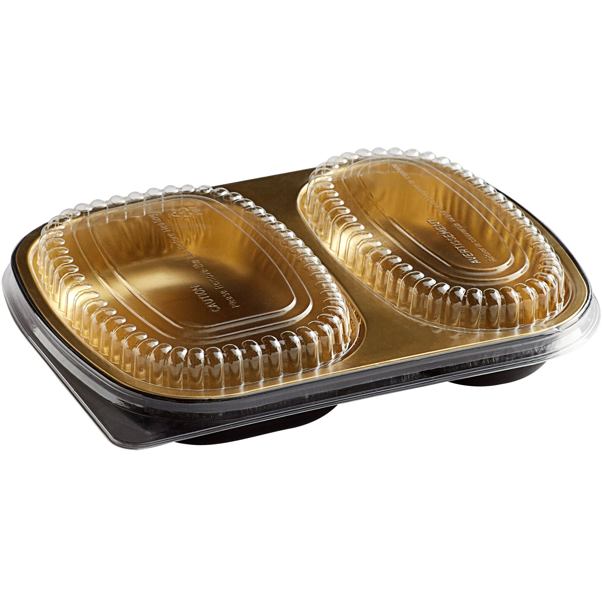 Choice 29 oz. Smoothwall 2-Compartment Black and Gold Foil Entree ...