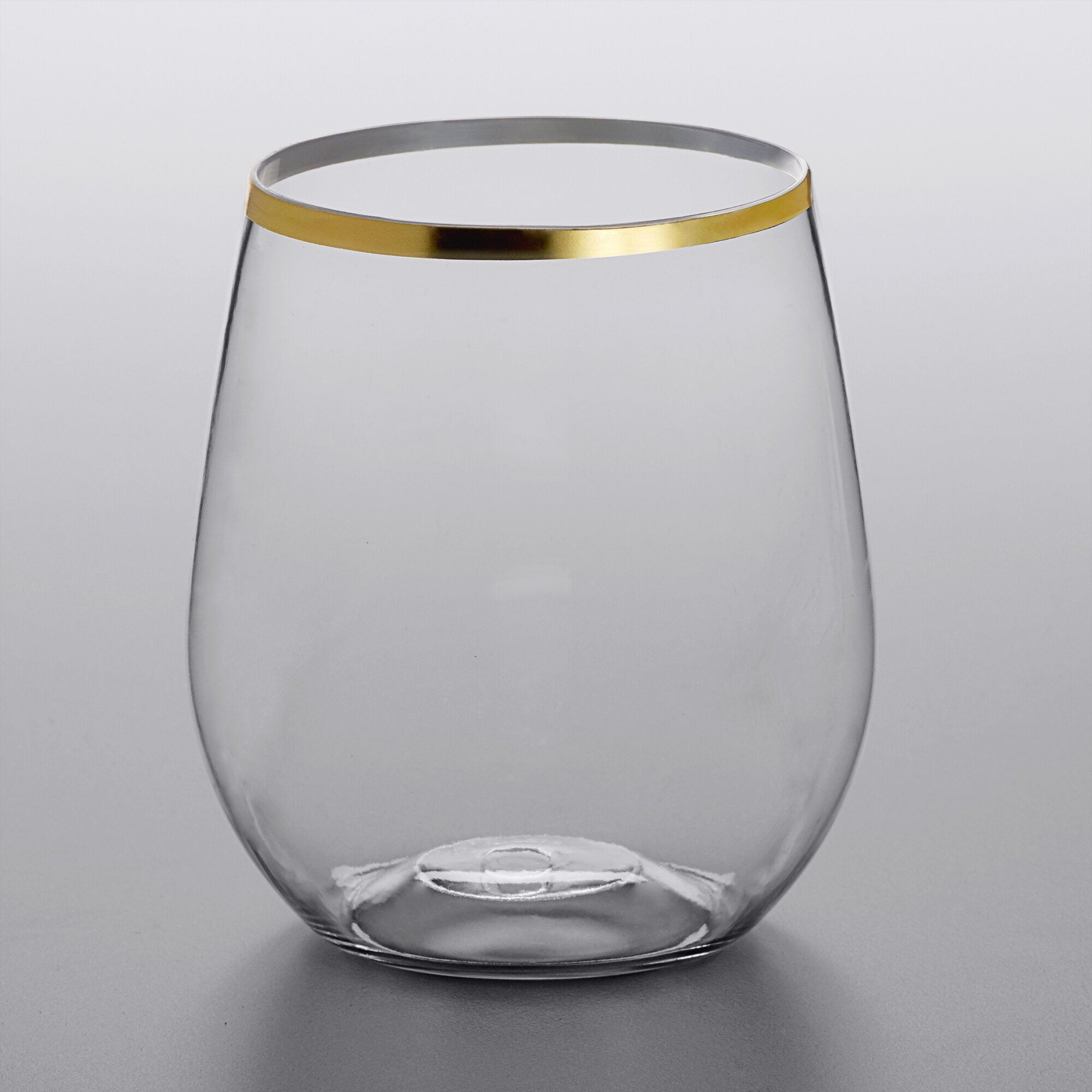 Gold Visions 12 Oz Clear Plastic Stemless Wine Glass With Gold Rim