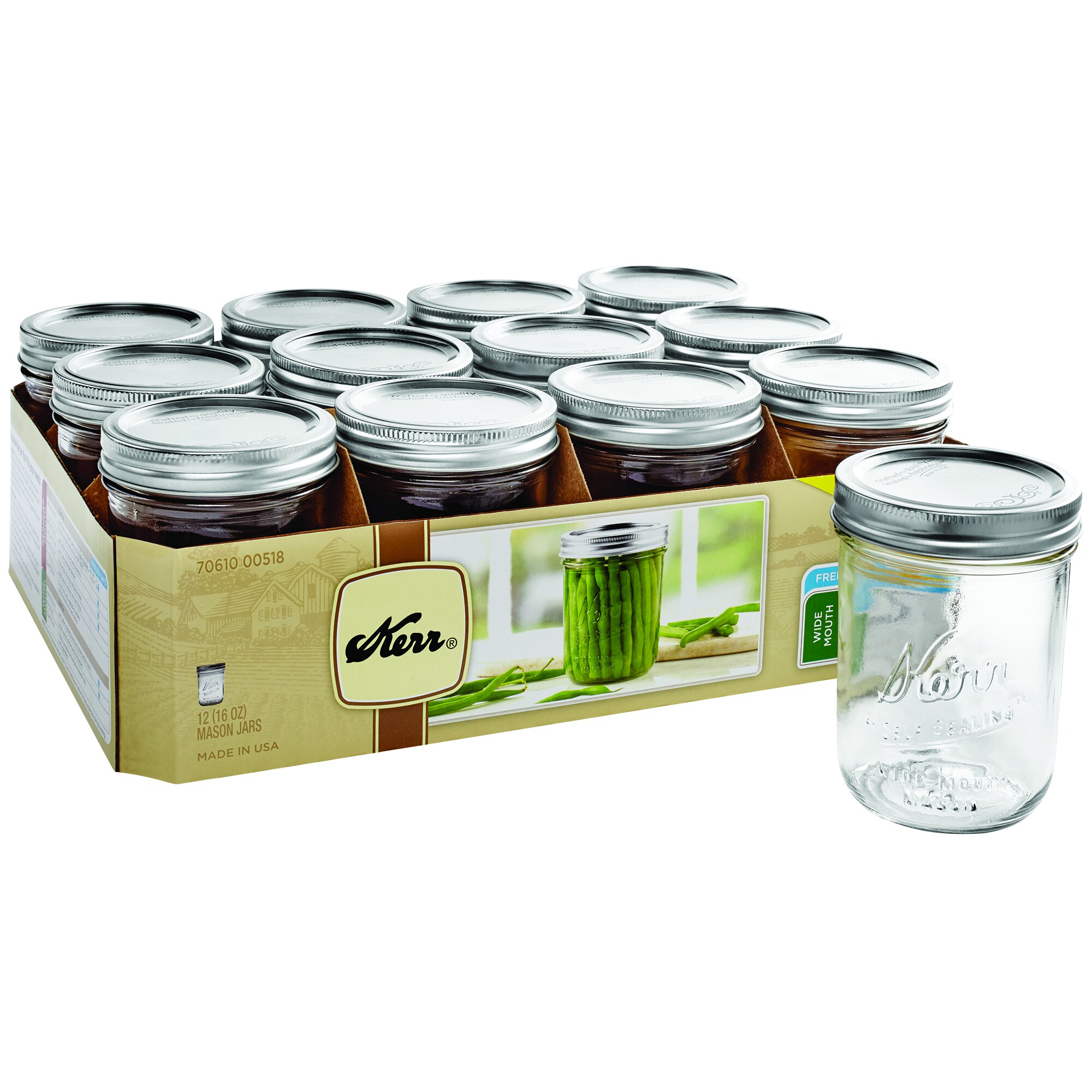 Kerr Wide Mouth Pint Canning Jar W Lid Band 12 Case