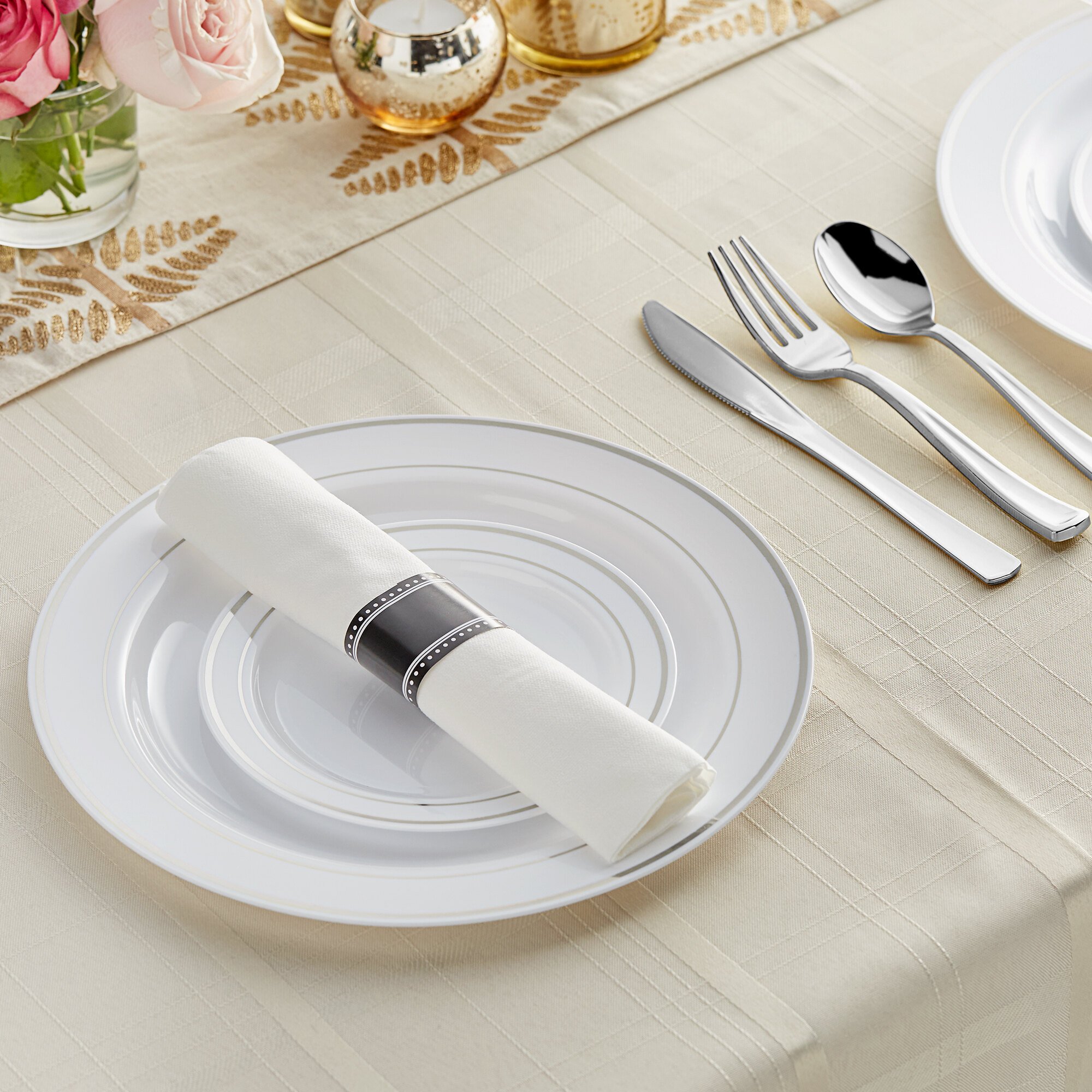 Silver Visions Silver Banded Classic Plastic Dinnerware Set with Rolled ...