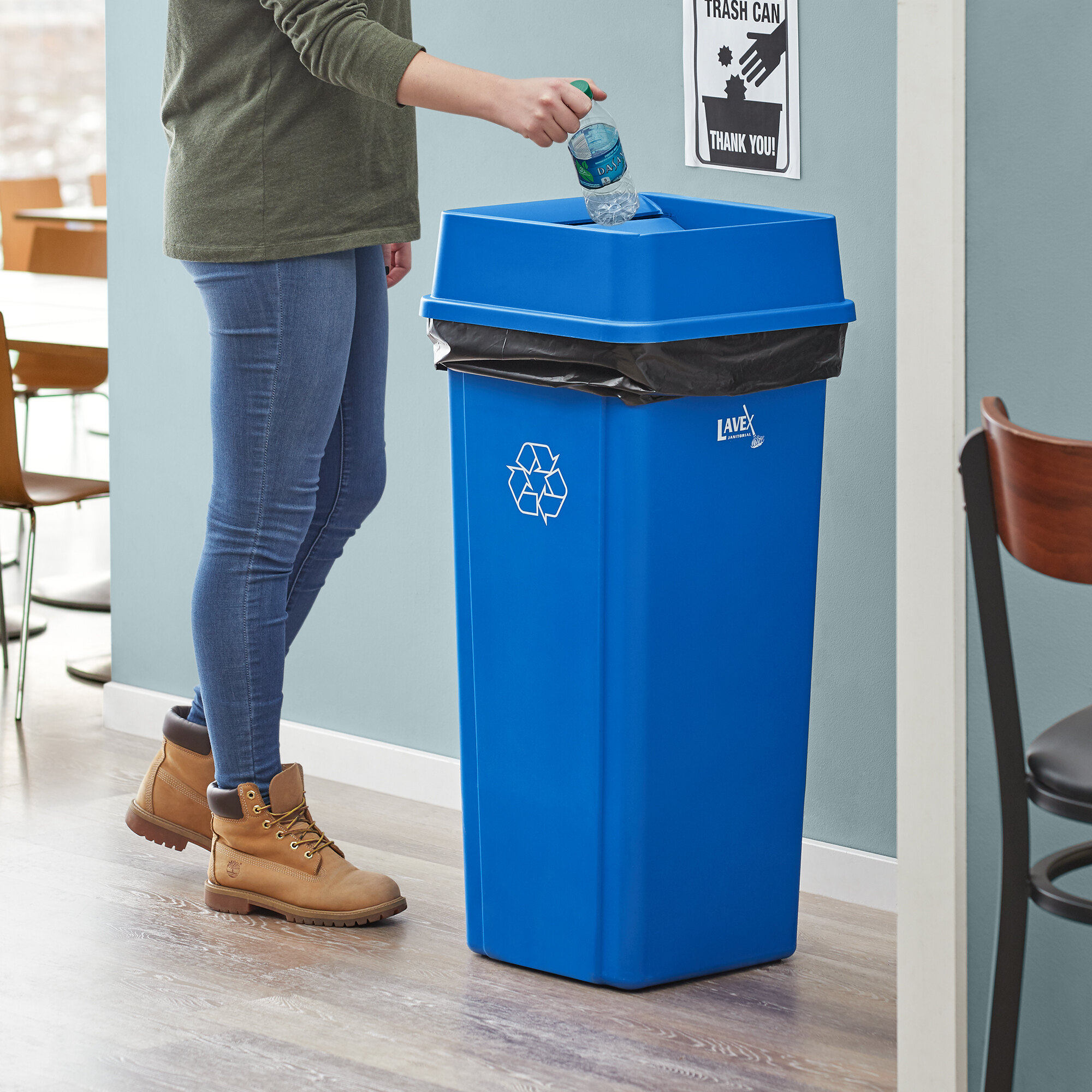 Lavex Janitorial 23 Gallon Blue Square Recycle Bin with Swing Lid