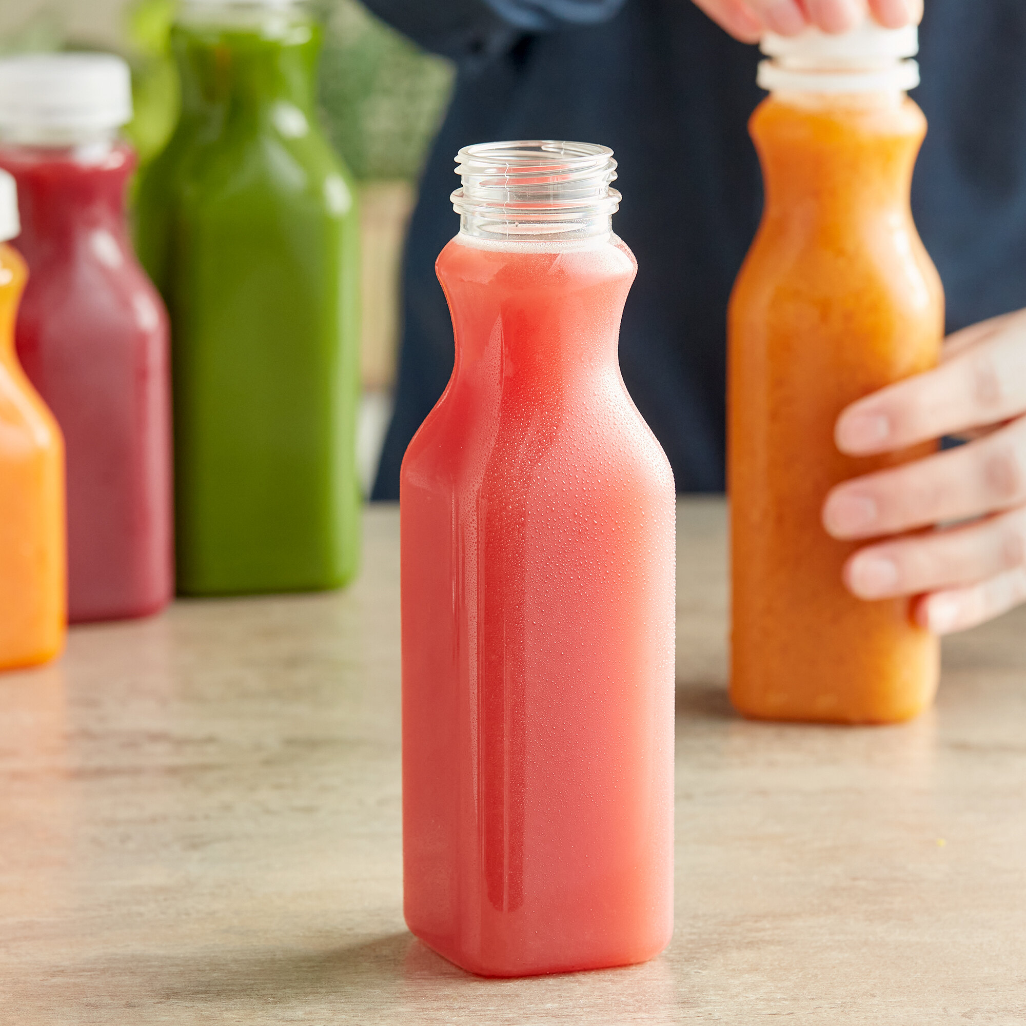 12 oz. Square Carafe PET Clear Juice Bottle - 198/Bag