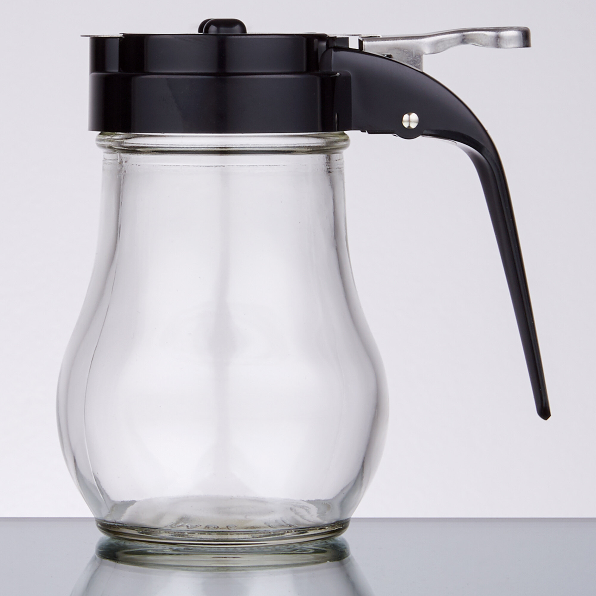 Tablecraft 406BK 6 oz. Glass Teardrop Syrup Dispenser with Black ABS ...