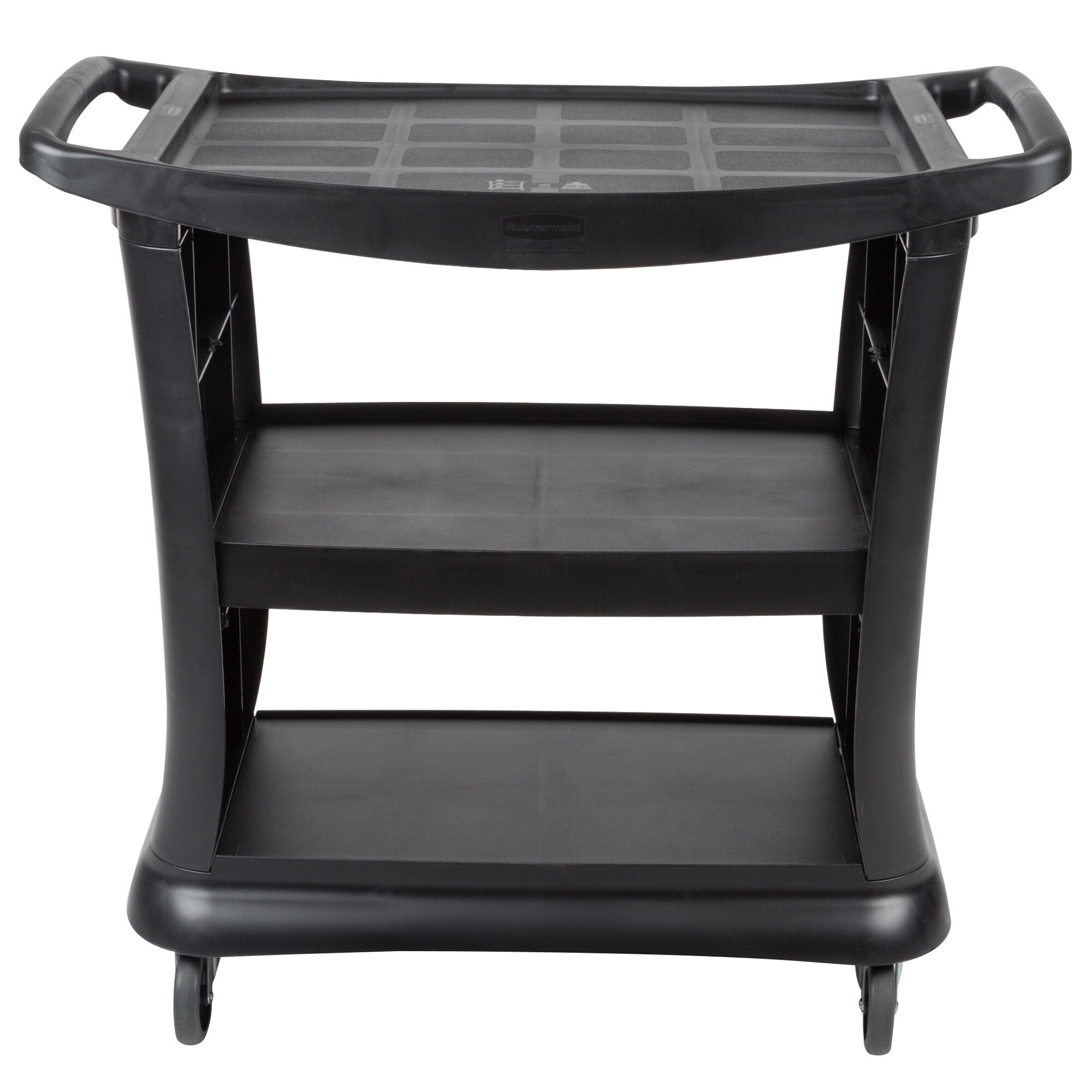 Rubbermaid FG9T6800BLA Black Executive Three Shelf Bussing Cart